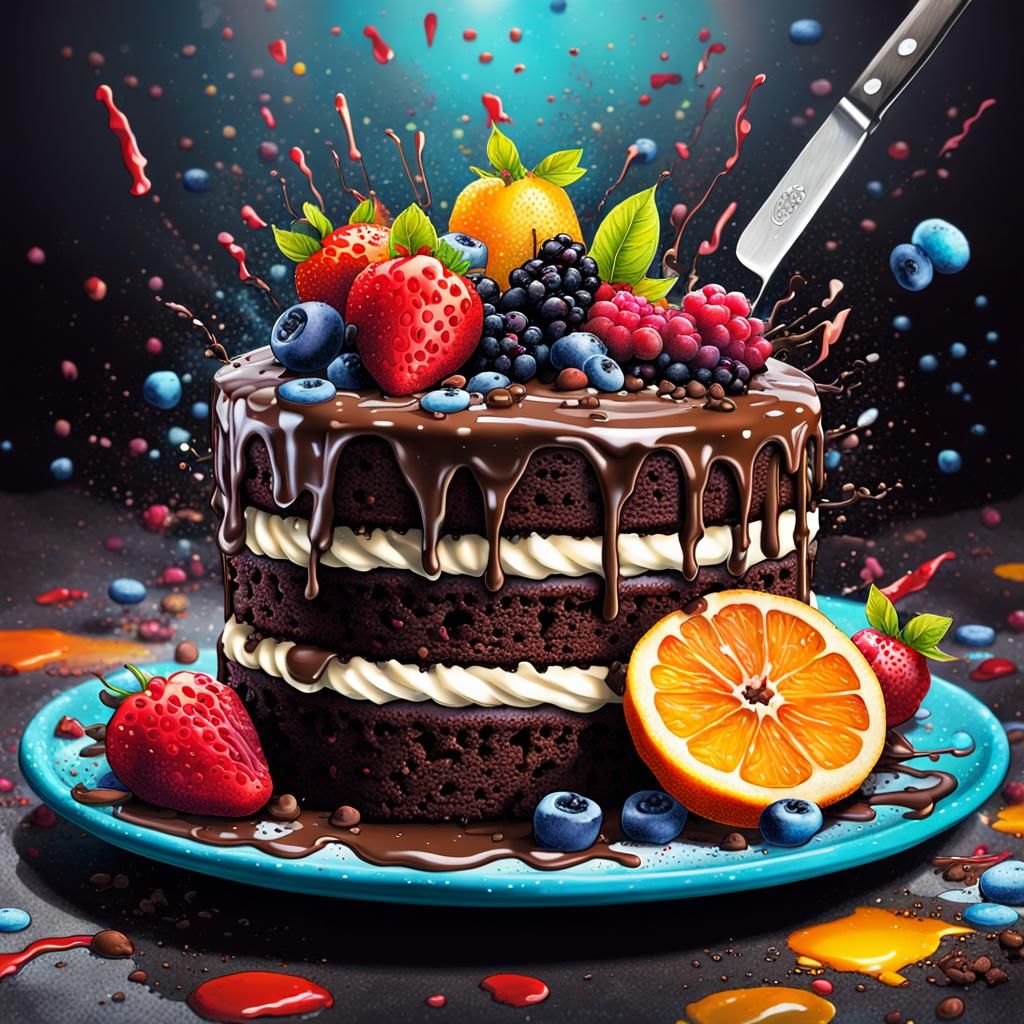 chocolate, fruit, cake, slice, being taken, delicious, plate, knife ...