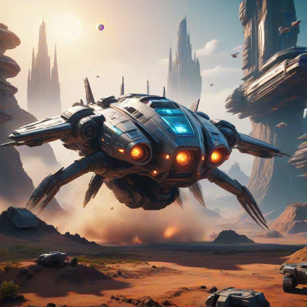 Sci-fi alien spacecraft landing on a giant robotic infested planet. Big ...