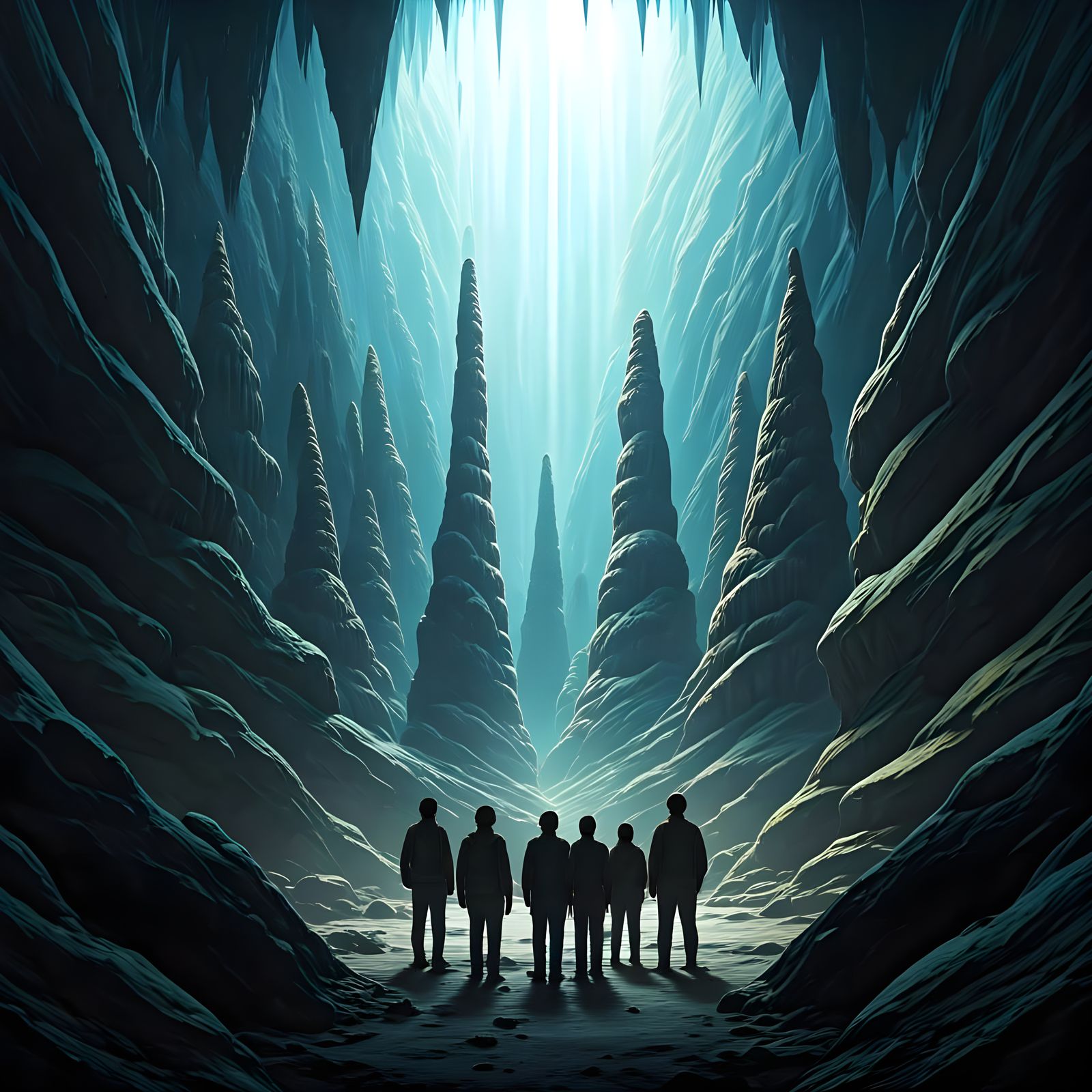 Spelunkers A group of explorers stand in awe inside a vast cavern ...