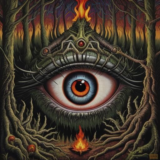 a painting of an eye in the middle of a forest, a surrealist painting, by Dan Mumford ...