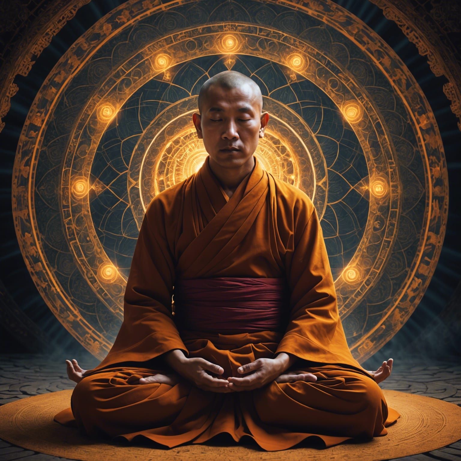 A buddhist monk in meditation. Sacred geometry patterns swirling around ...
