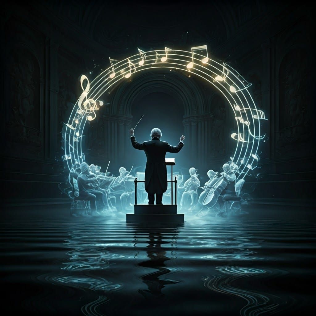 A ghost conductor leading phantom musicians as they play, with flowing ...