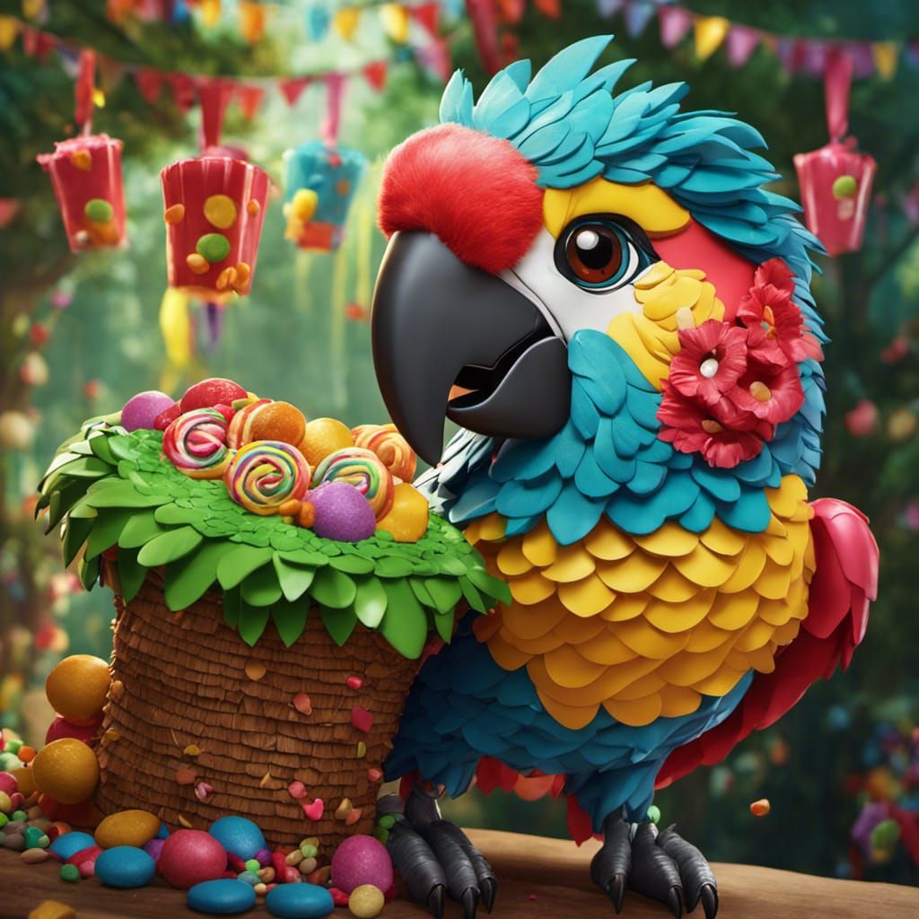 An adorable Parrot shaped Piñata full of sweets on party table ...