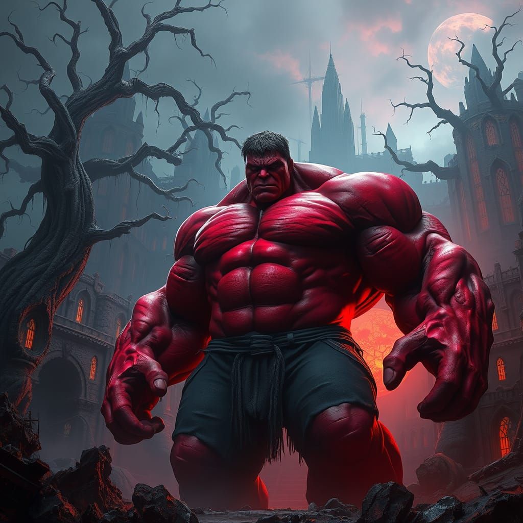 Mighty Red Hulk Dominates Mysterious, Ancient Land... - AI Art