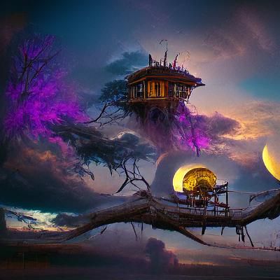 mystic treehouse with a moon rise behind it - AI Generated Artwork ...