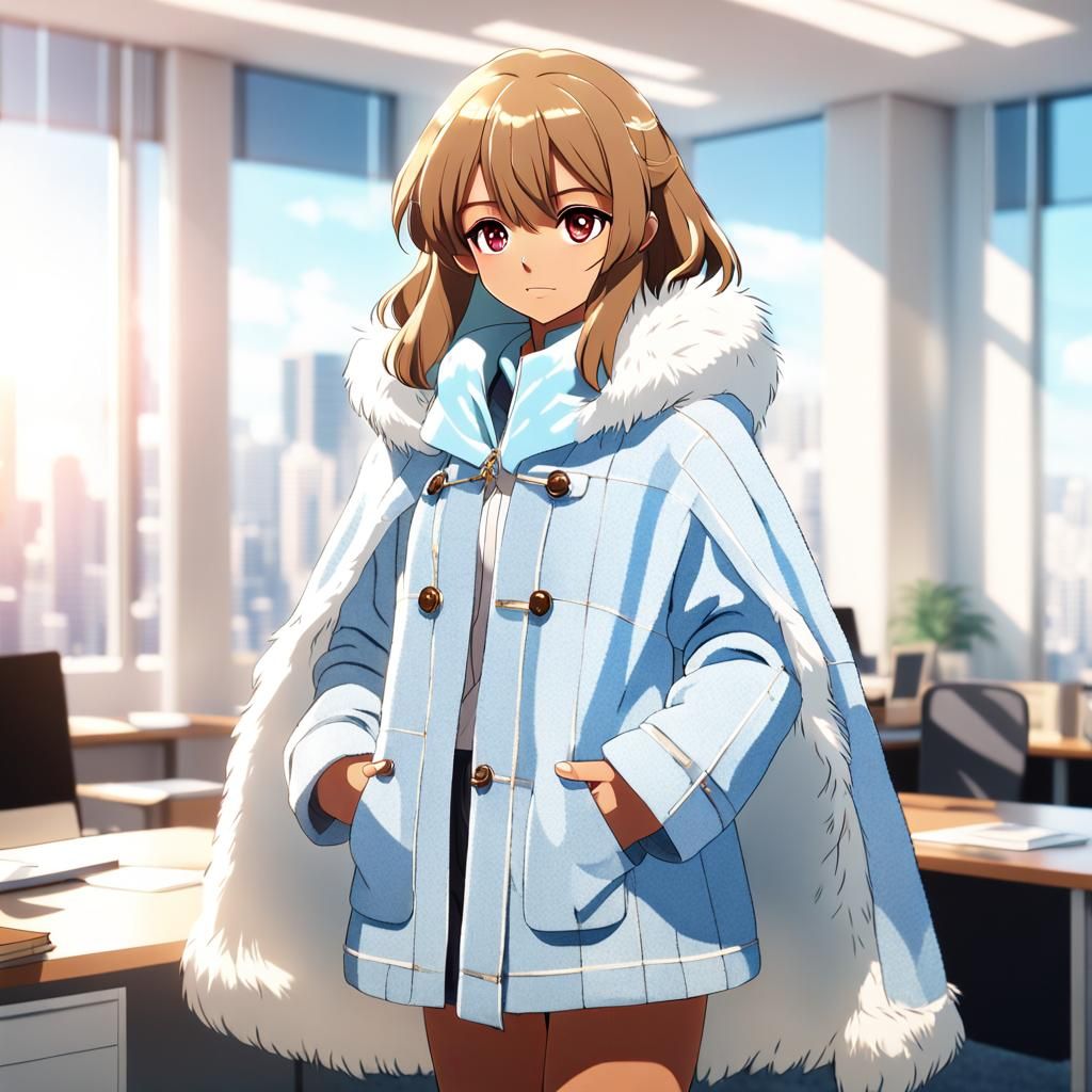 Anime Girl in Avou Avou light Blue Tweed Jacket enveloped in a white ...