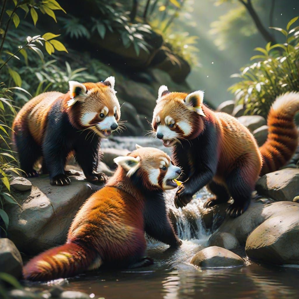 Red Pandas playing at a stream - Cinematic Red Pandas in Dra...
