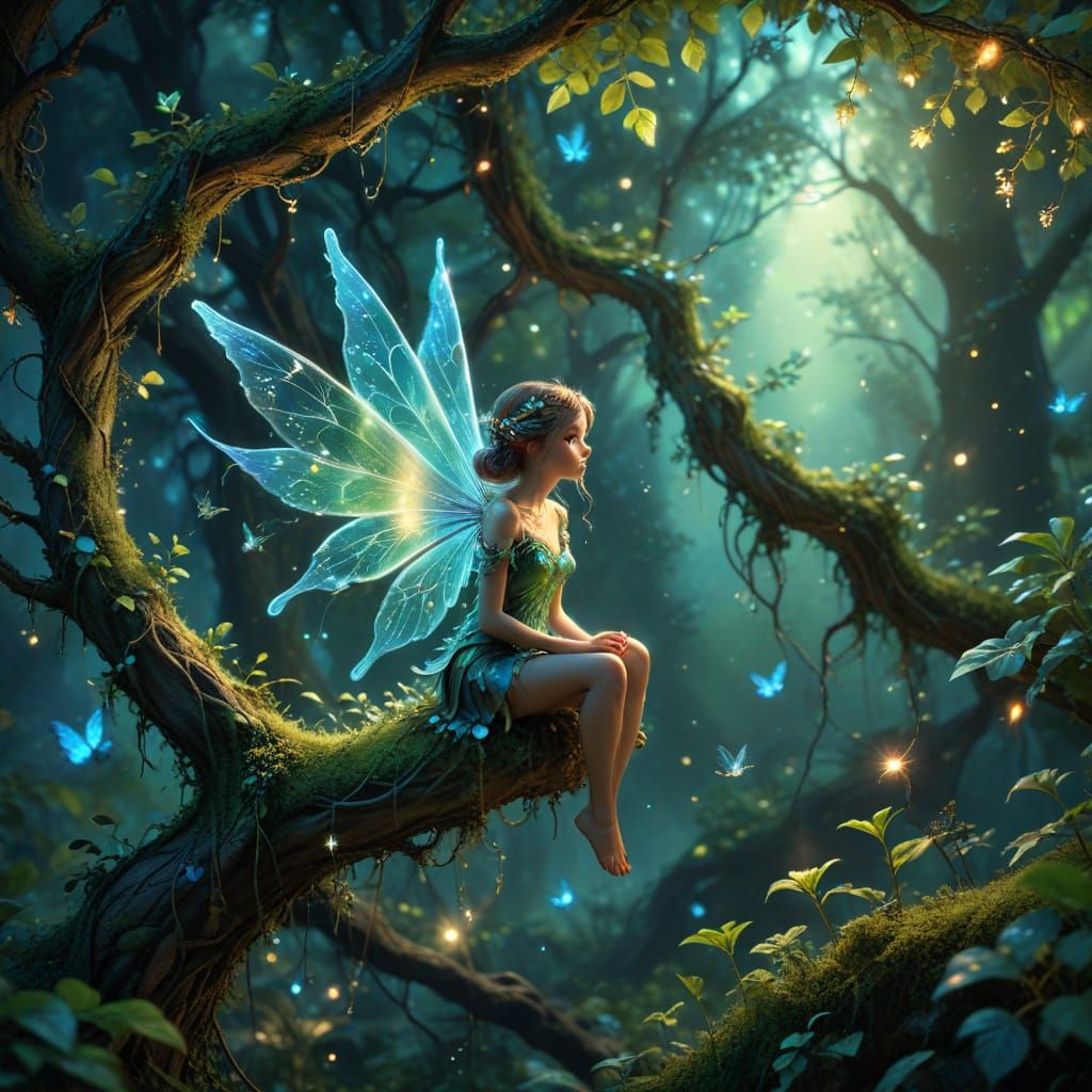 A fairy tree - Whimsical Fairy Amidst Twinkling Fireflies in...