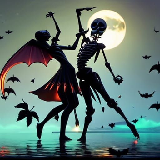A beautiful gothic skeleton couple dancing tango on a lake In The ...