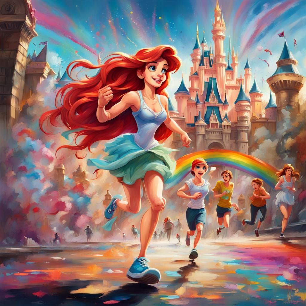 Ariel running a marathon with Cinderella in Disney with the castle ...