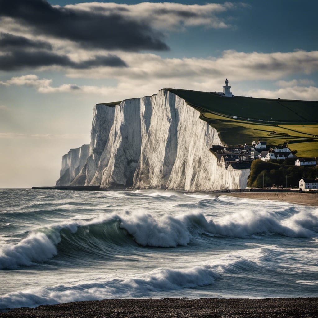 White Cliffs of Dover majestically towering over of the crashing waves ...