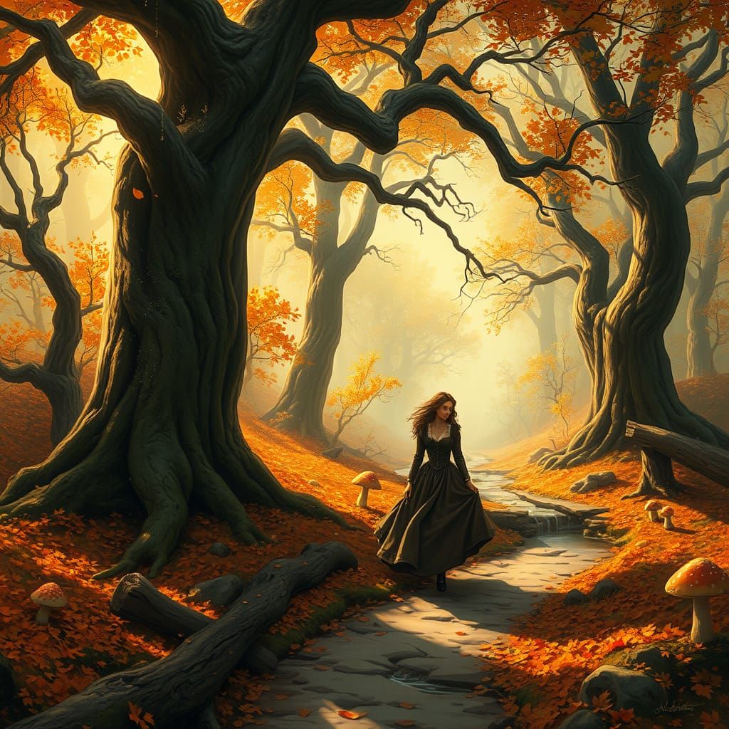 Enchanted Autumn Forest in Pre-Raphaelite Style - AI Art