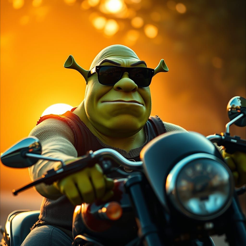 Ogre Rides Cool Motorcycle in Sunset - AI Art