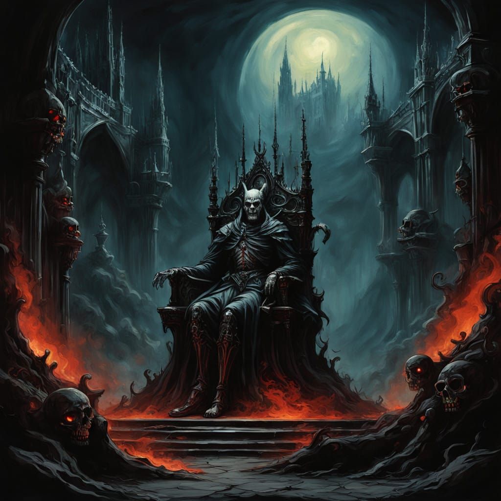 Dark Monarch Seated on Bone-Throne, Surrounded by ... - AI Art