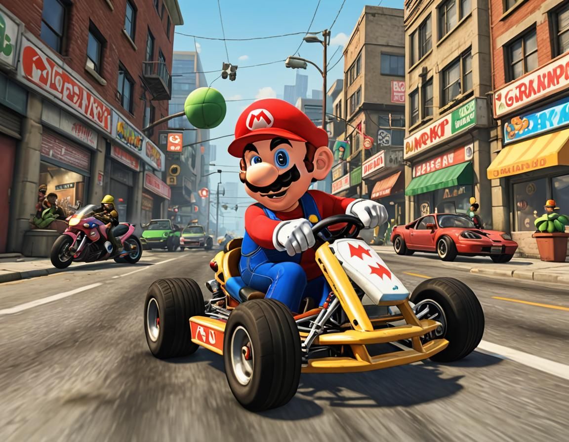 Mario racing through the Grand Theft Auto game world. - AI Generated ...