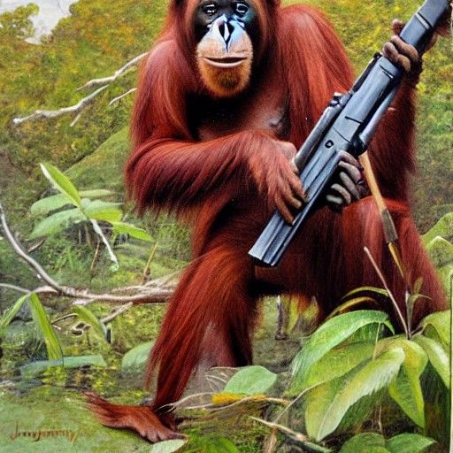 orangutan with a machine gun - AI Generated Artwork - NightCafe Creator