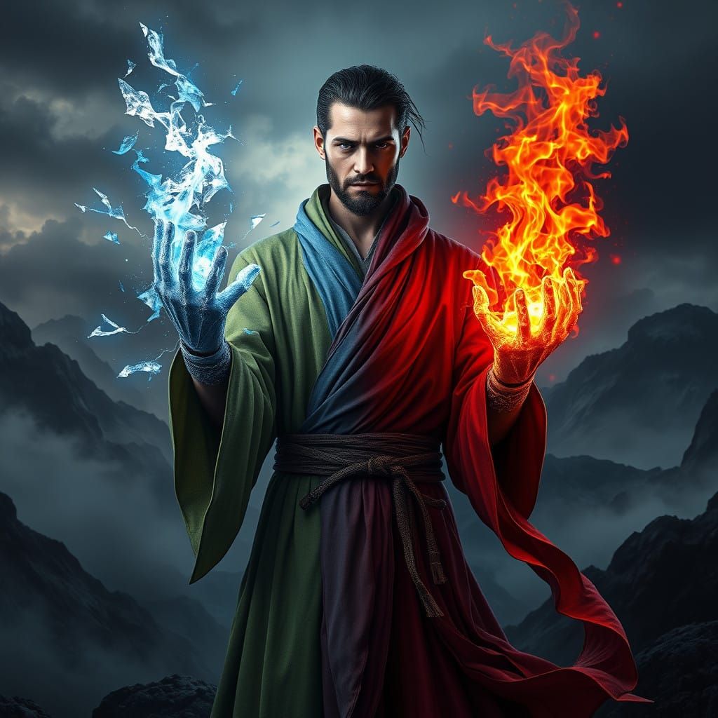 Fiery Human with Icy and Blazing Elemental Powers - AI Art