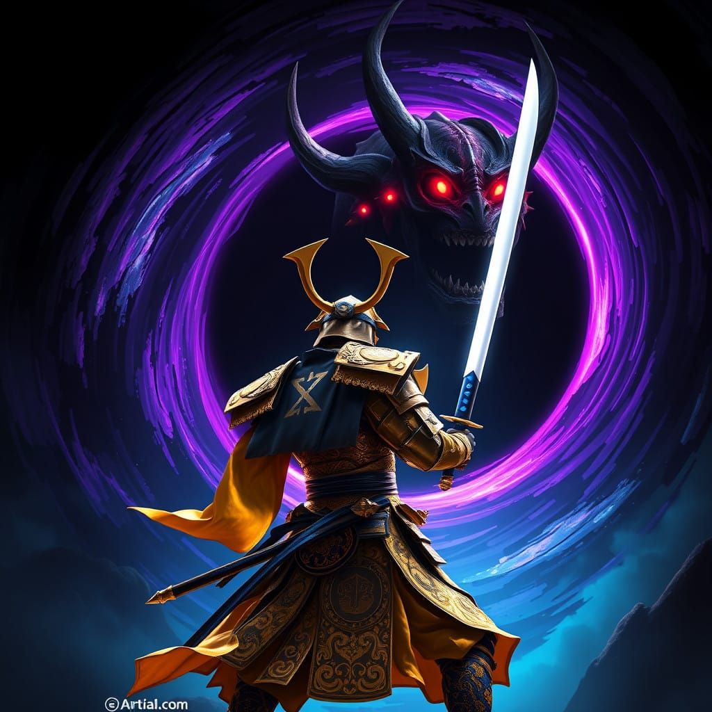 Samurai Battles Demon from Cosmic Void in Vibrant,... - AI Art