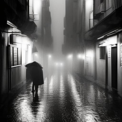 incredibly detailed photo of a rainy street in the style of Mr. Fan Ho ...