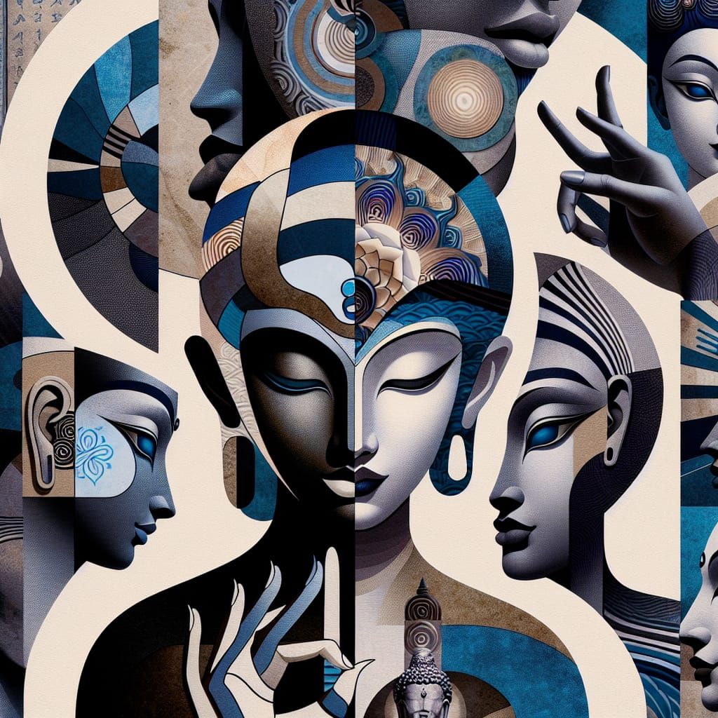 loose sensuous curves, mudras, Hindu and Buddhist iconography, collage ...