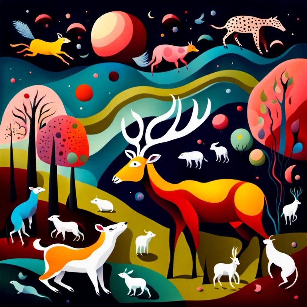 a surreal scene with abstract, colorful mammals painted in a late 18th ...