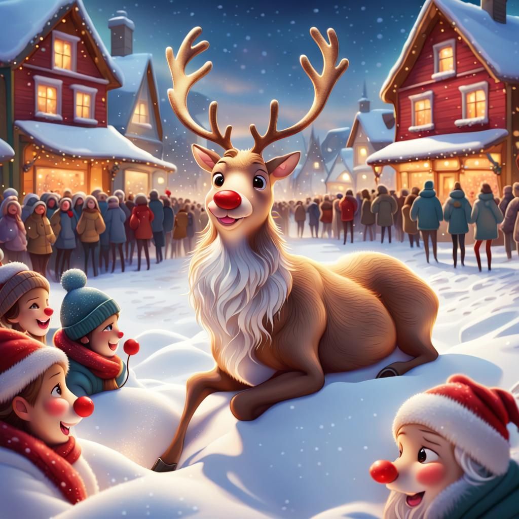 Rudolph the Reindeer in a Festive Snowbank Scene - AI Art