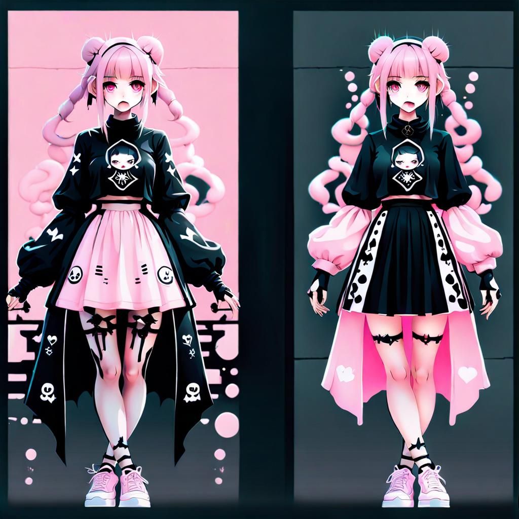 cute woman split screen, left side in baby pink kawaii clothes and ...