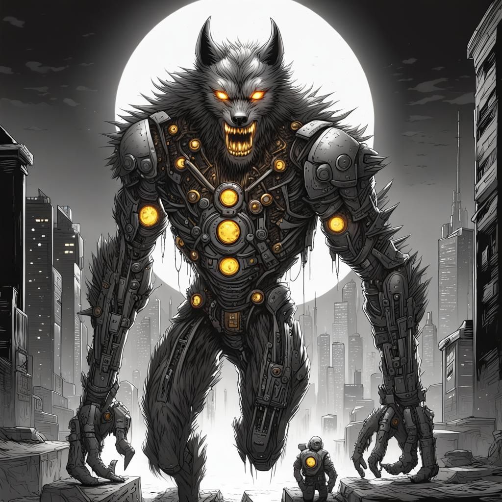 Make me a B&W picture of a menacing cyborg werewolf emerging from the ...