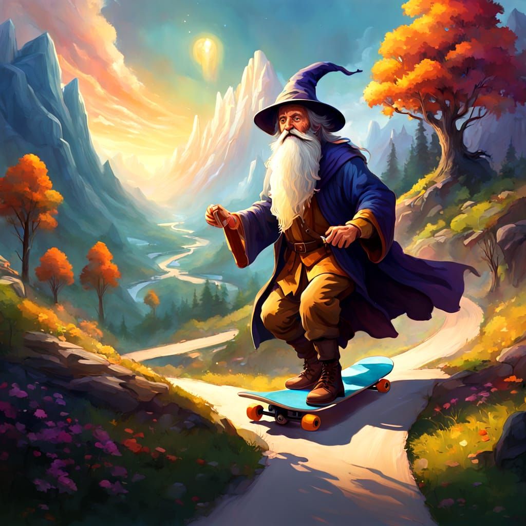 Wizard - Whimsical Wizard Rides Skateboard Down Enchanted M...