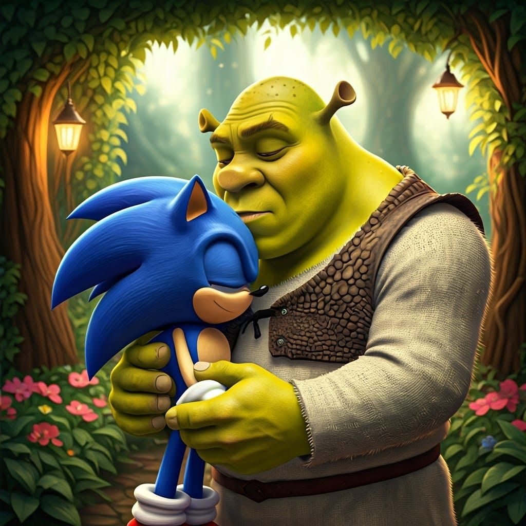 Shrek and Sonic Share a Tender Whimsical Kiss - AI Art