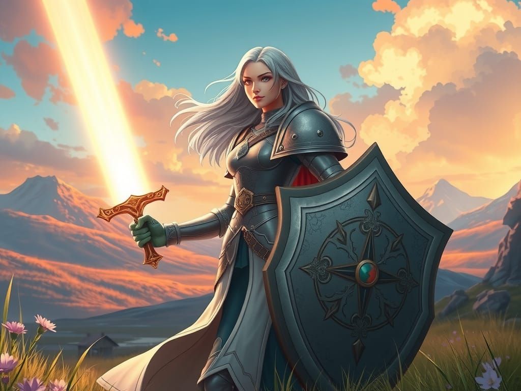 Aasimar female paladin with silver shoulder-length hair wielding a shield as she summons a ...