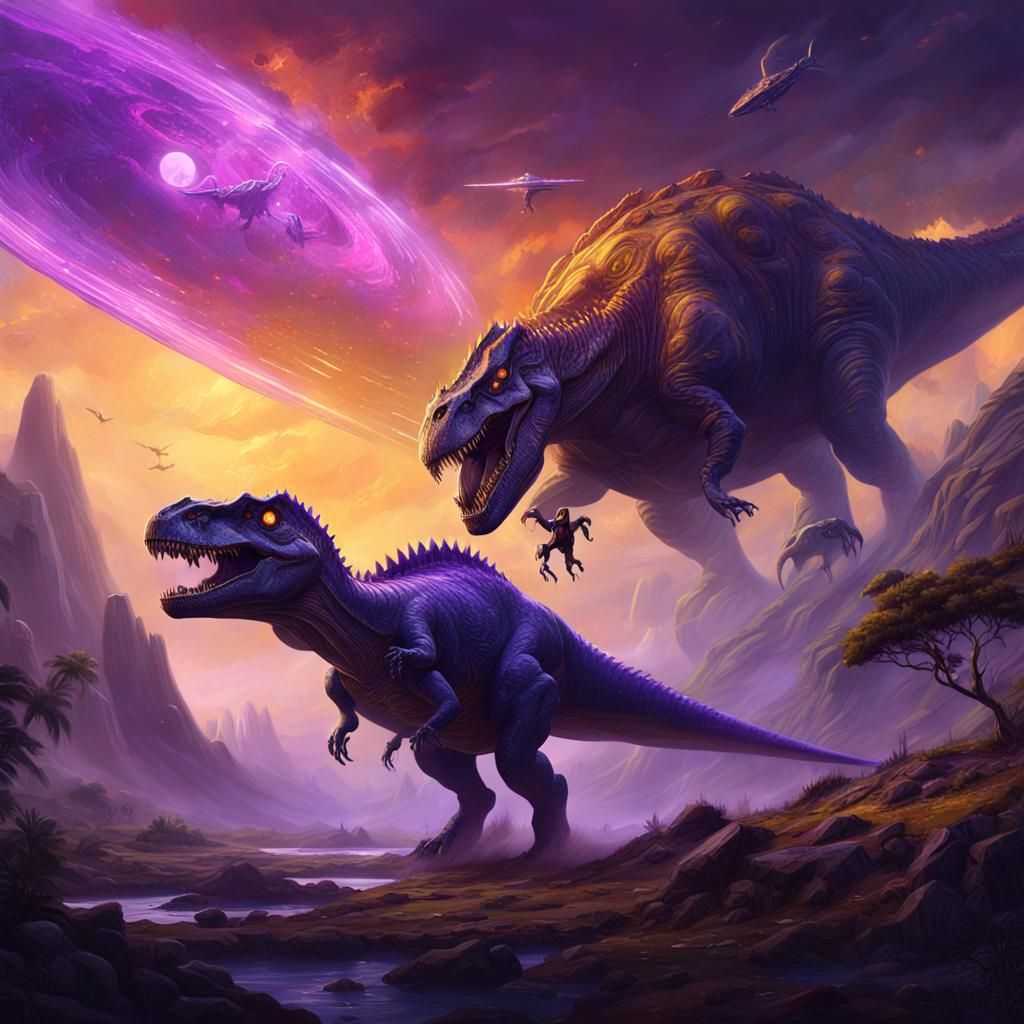 Epic Dark Fantasy Spaceship Over Ancient T-Rex - AI Art
