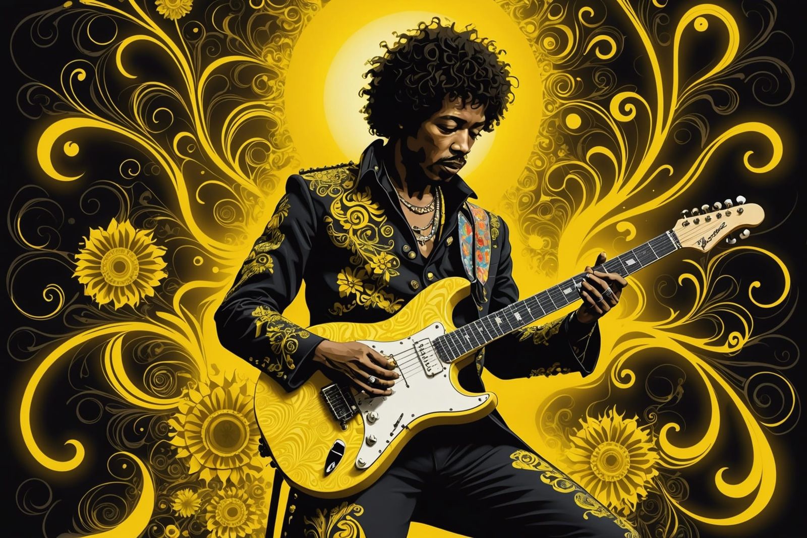 Jimi Hendrix Yellow lightning "Rainy day, dream away" - AI Generated ...