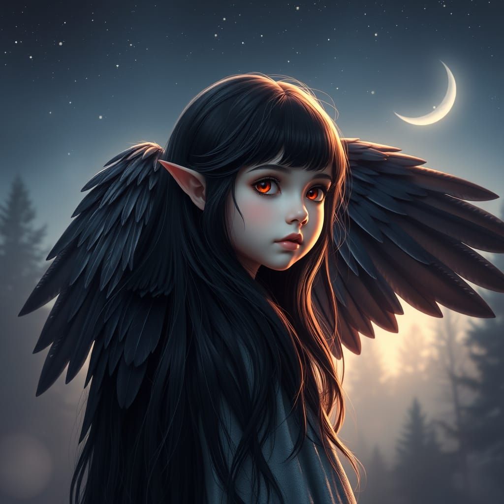 Enchanted Forest Girl with Crow Wings and Starry S... - AI Art