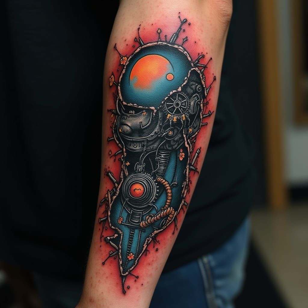 Cyberpunk Forearm Tattoo with Biomechanical Flesh - AI Art