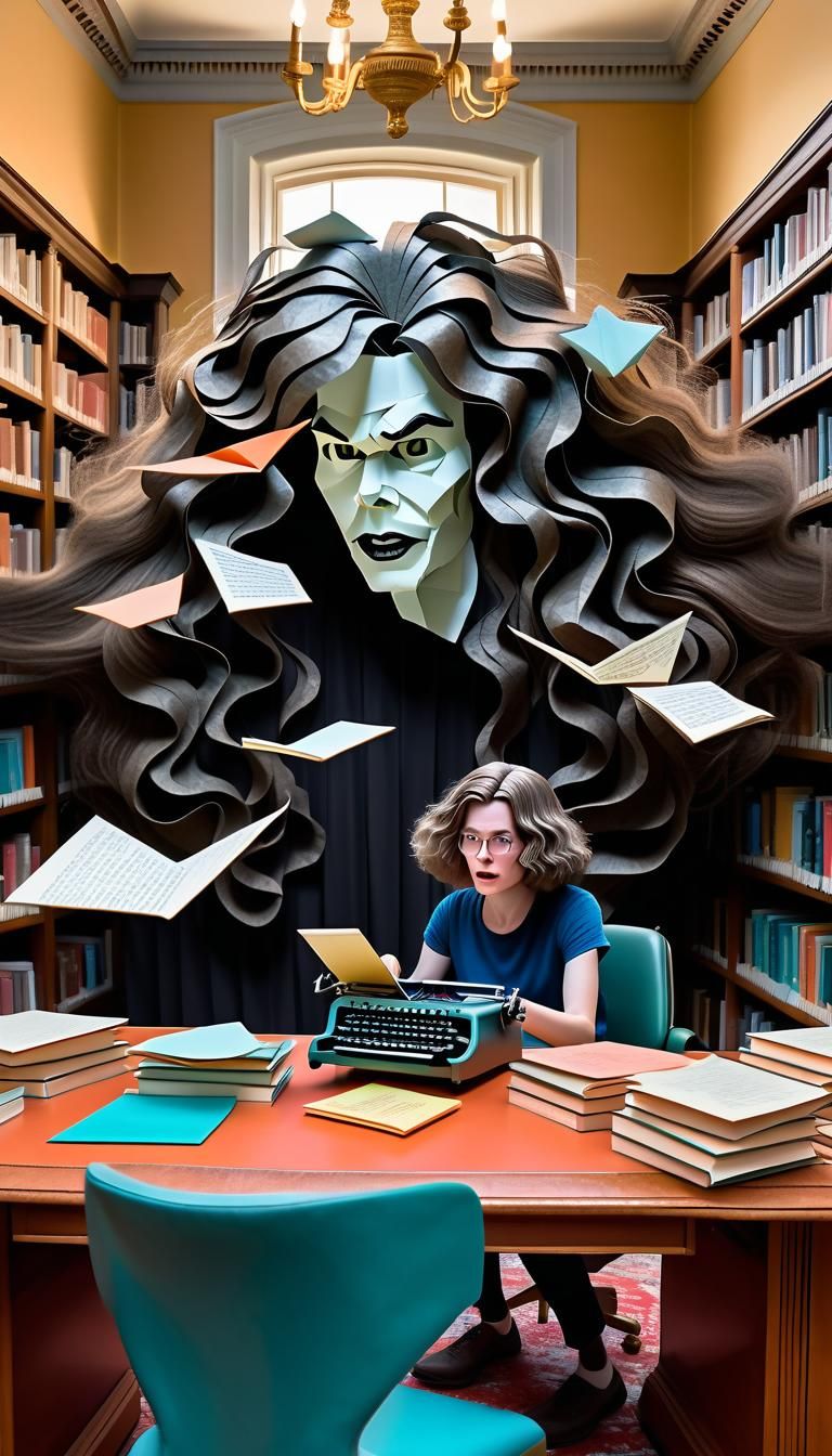 Interior of a library in a mansion, a woman's face is emerging from the ...
