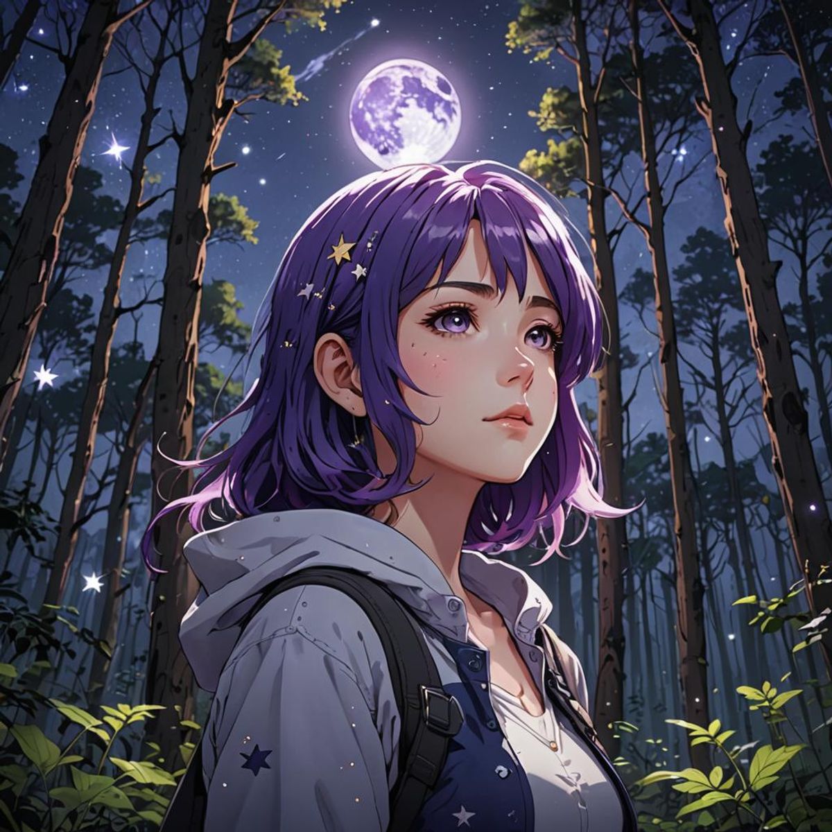 Beautiful anime woman wit purple hair in the forest moonlight with ...