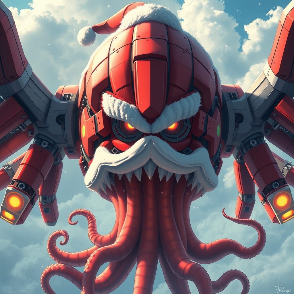 Giant Flying Mecha Santa Claus Head in Vibrant Cyb... - AI Art