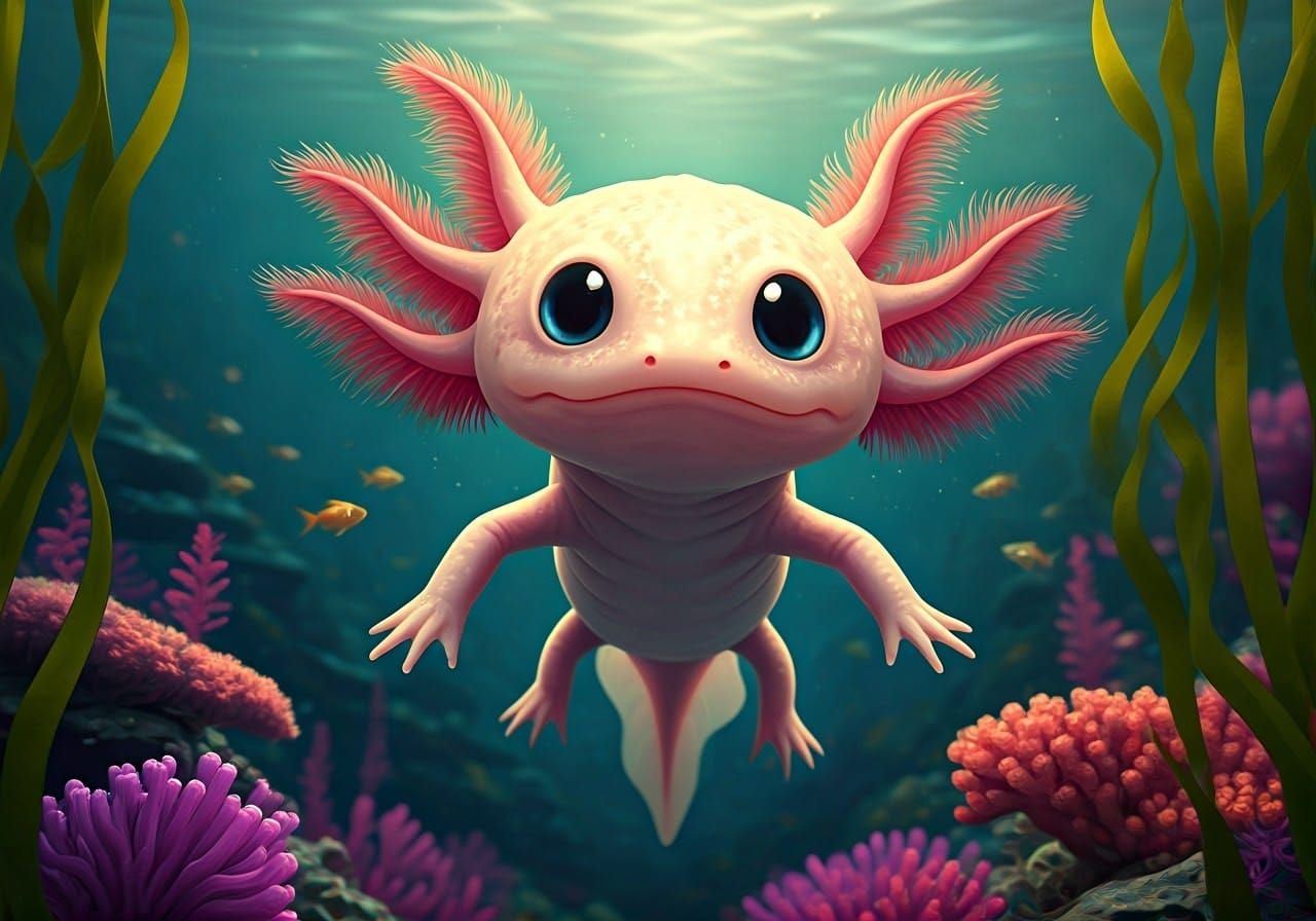 Axolotl (II) - Whimsical Axolotl-Cat Hybrid in Vibrant Under...