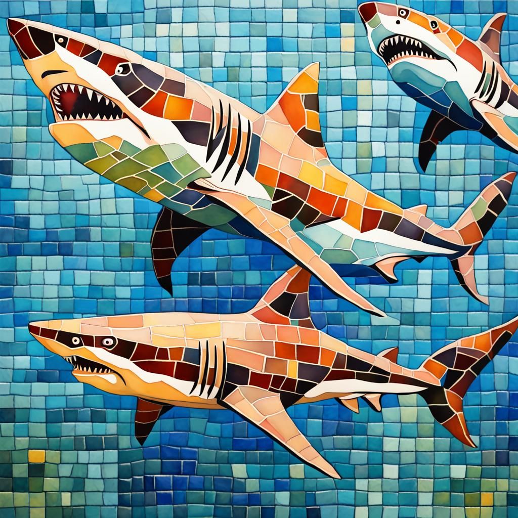 Mosaic sharks underwater scene - AI Generated Artwork - NightCafe Creator