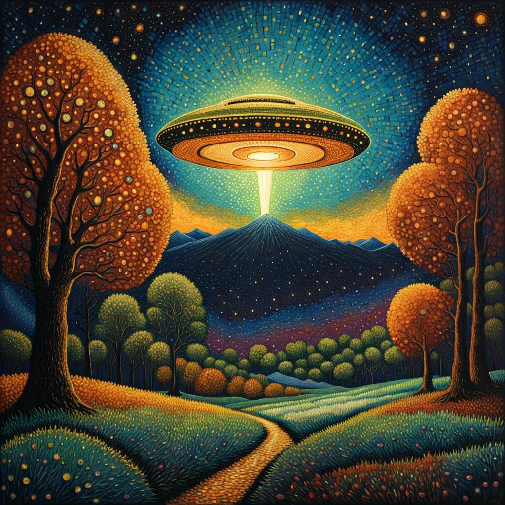 IRIDESCENT ufo IN SPACE, cosmic, light dust, pointillism, scifi, oils ...