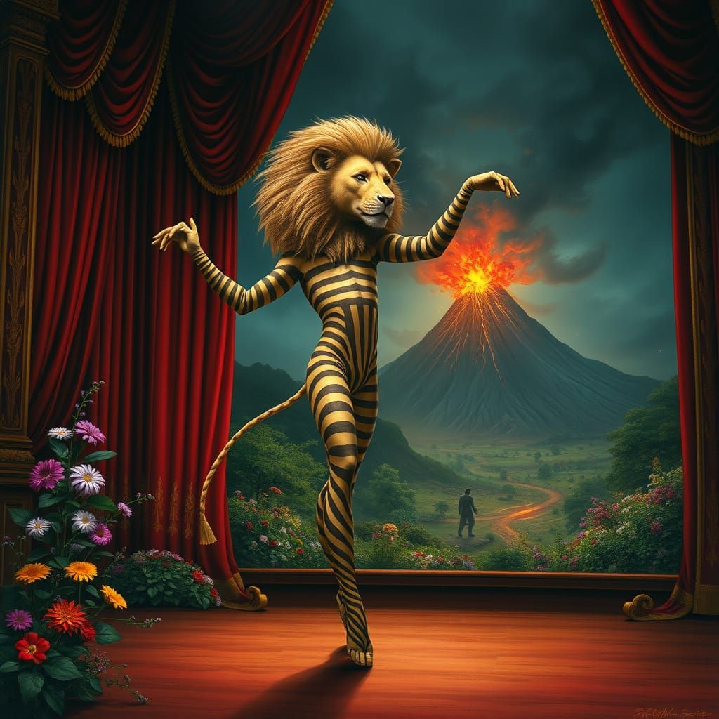 A whimsical male dancer with a very large head of a lion. The dancer ...