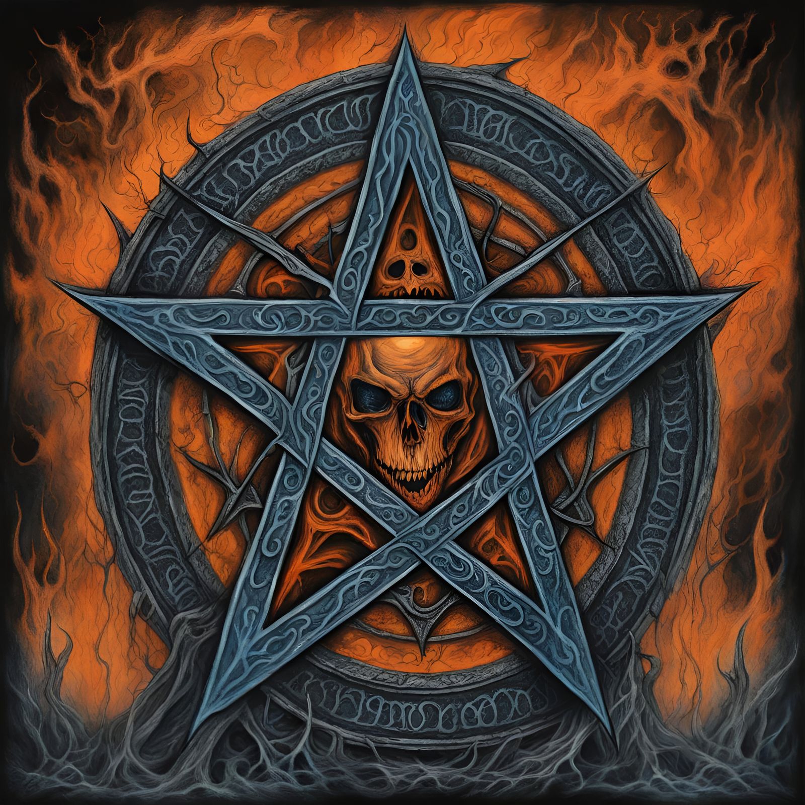 Satanism ritual pentagram horror in Hell,on the edge of the image blue ...