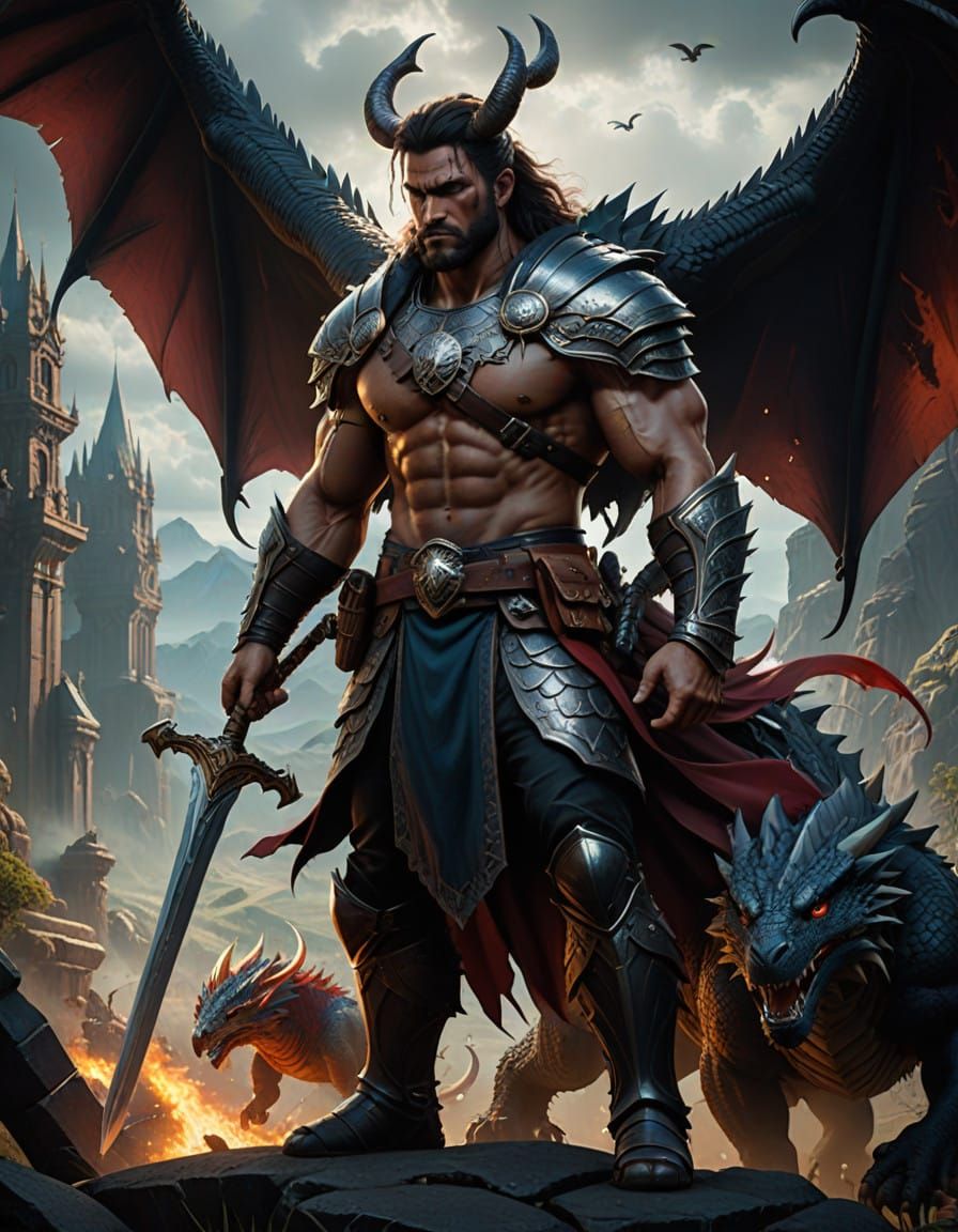 Barbarian Warrior with Dragon and Bird in Epic Fan... - AI Art