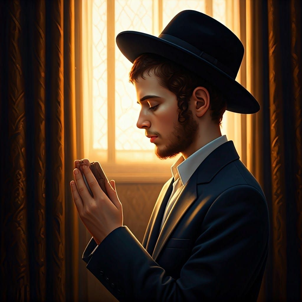 Devout Ultra-Orthodox Yeshiva Boy in Contemplative... - AI Art