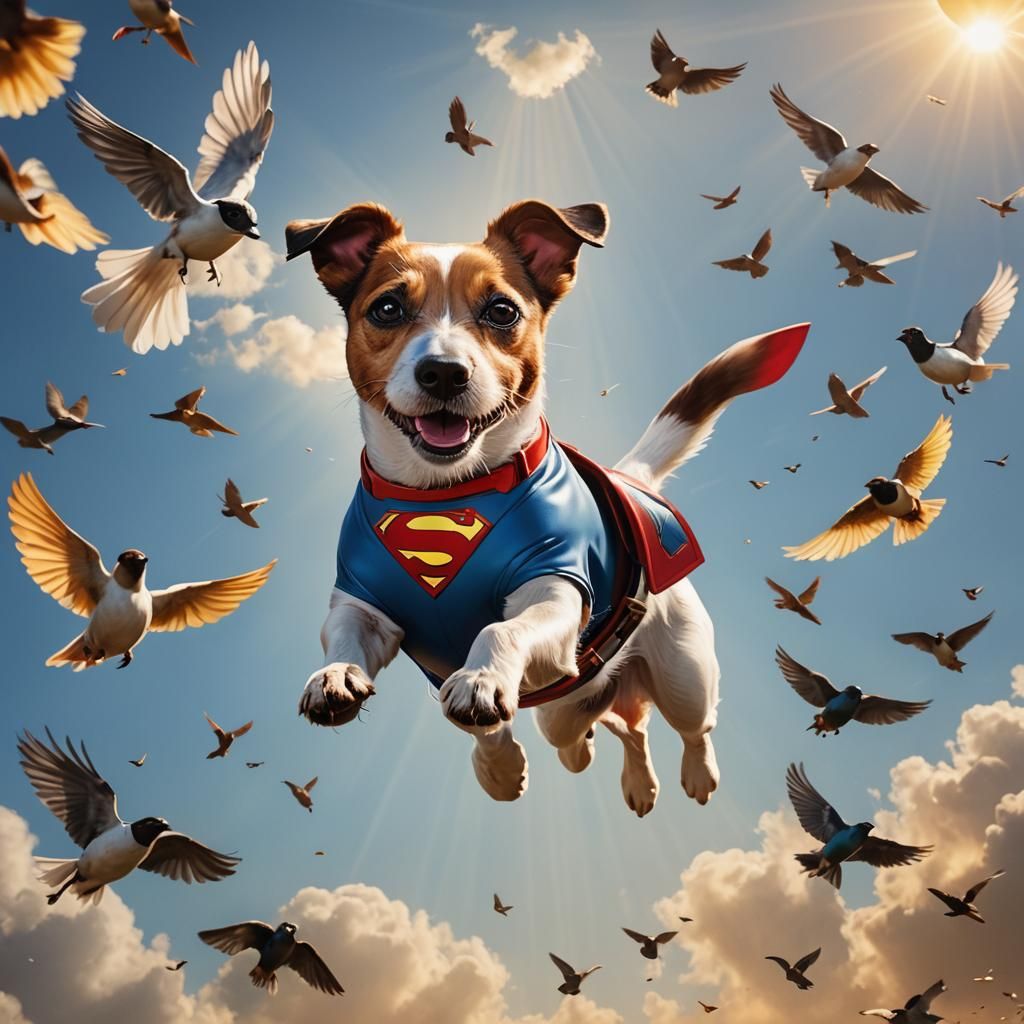 A jack Russell dog in a superman suit flying through the air with sun ...