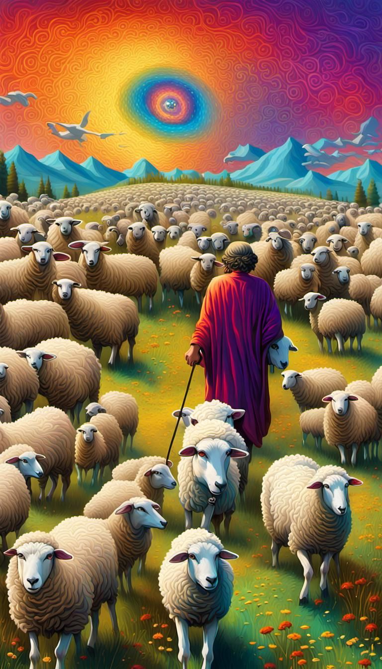 A vibrant digital composition showcasing Cyber Shepherd leading a flock ...