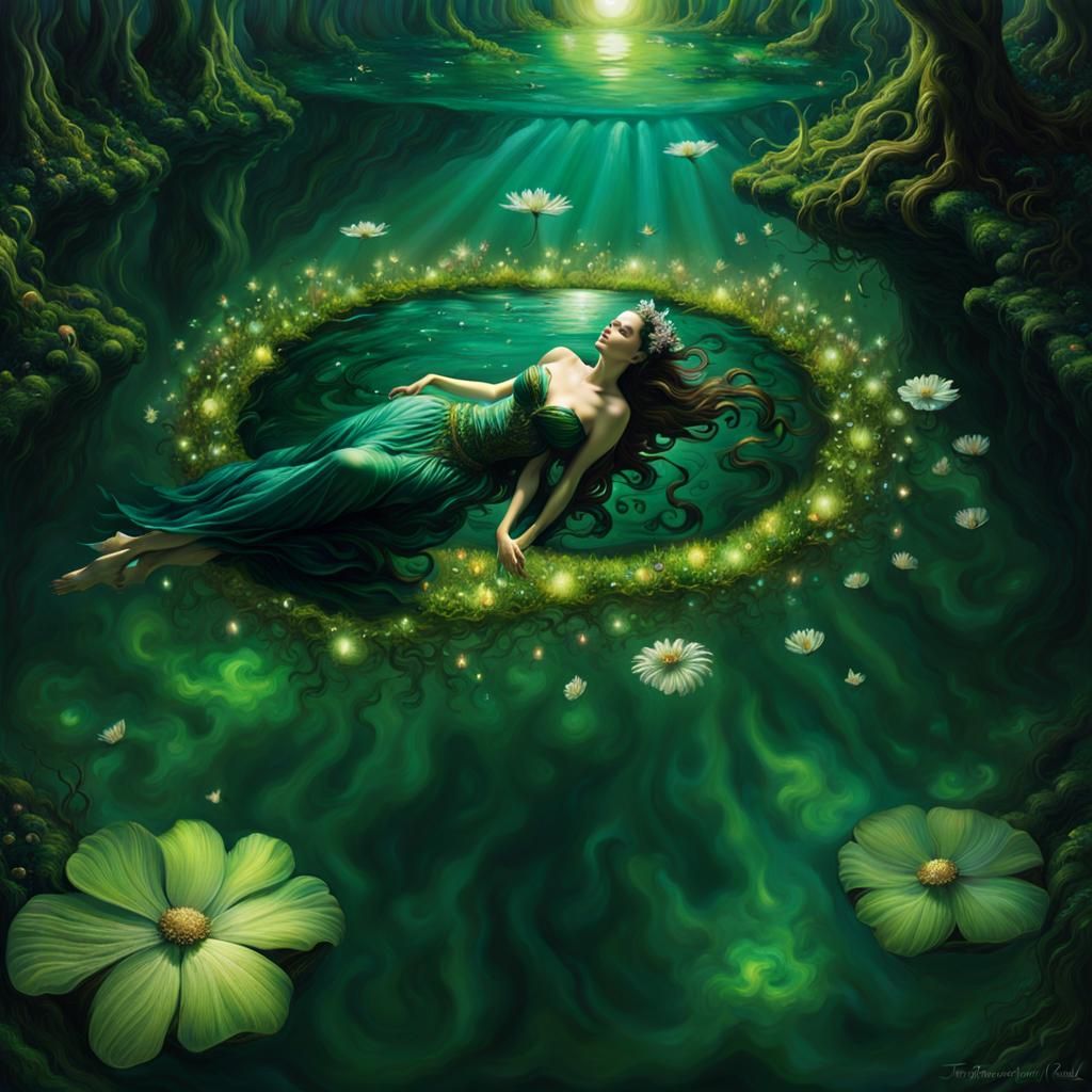 dark moody painterly image of a beautiful fairy floating lazily in a ...