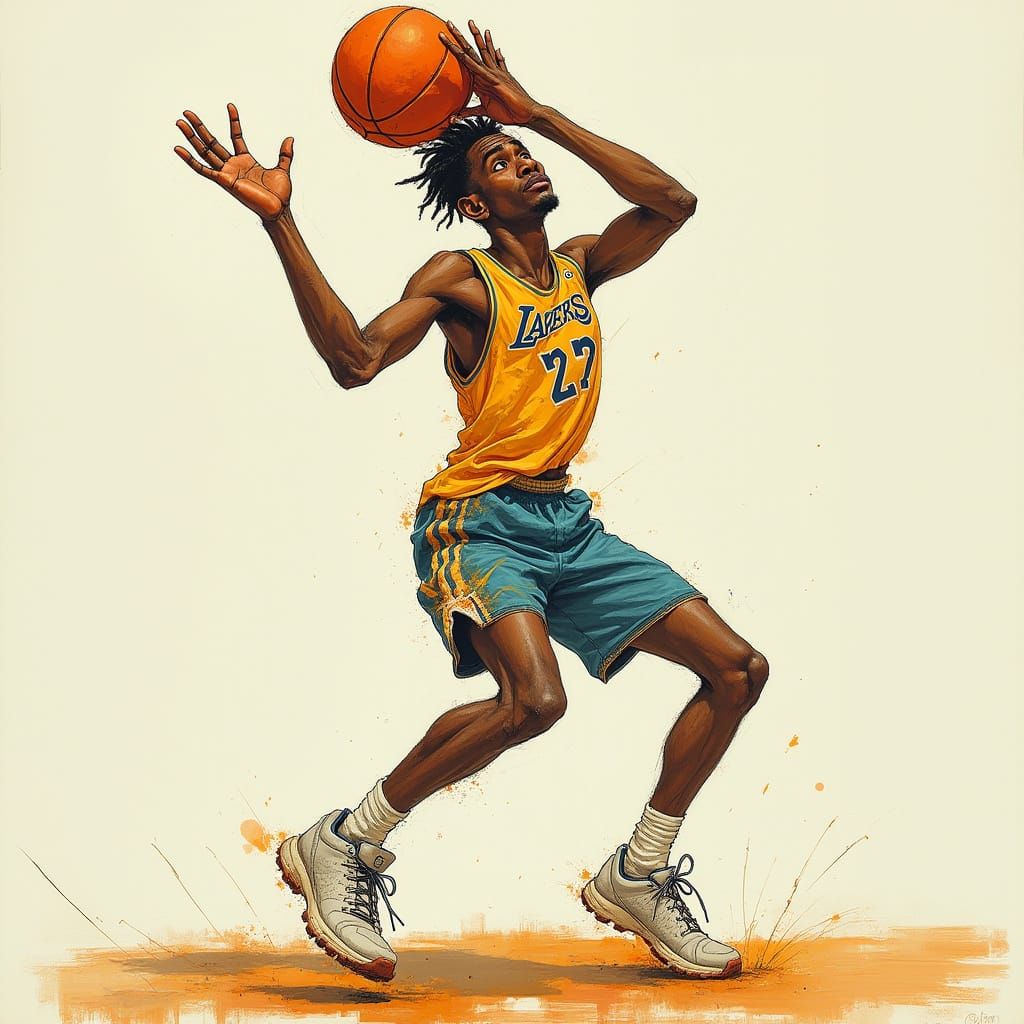 Basketball Player Defies Gravity with Awkward Shot - AI Art
