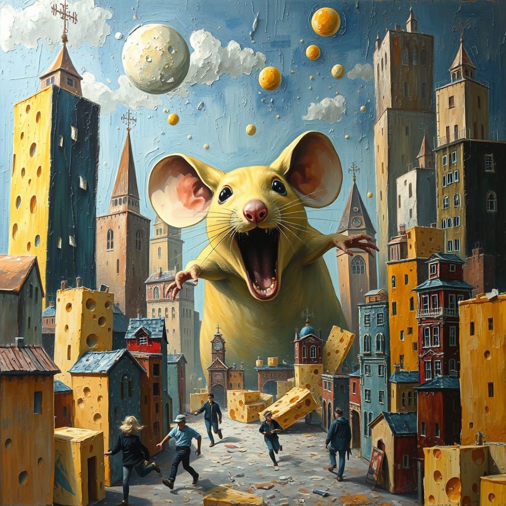 A giant mouse in a city of buildings where the buildings are made of ...